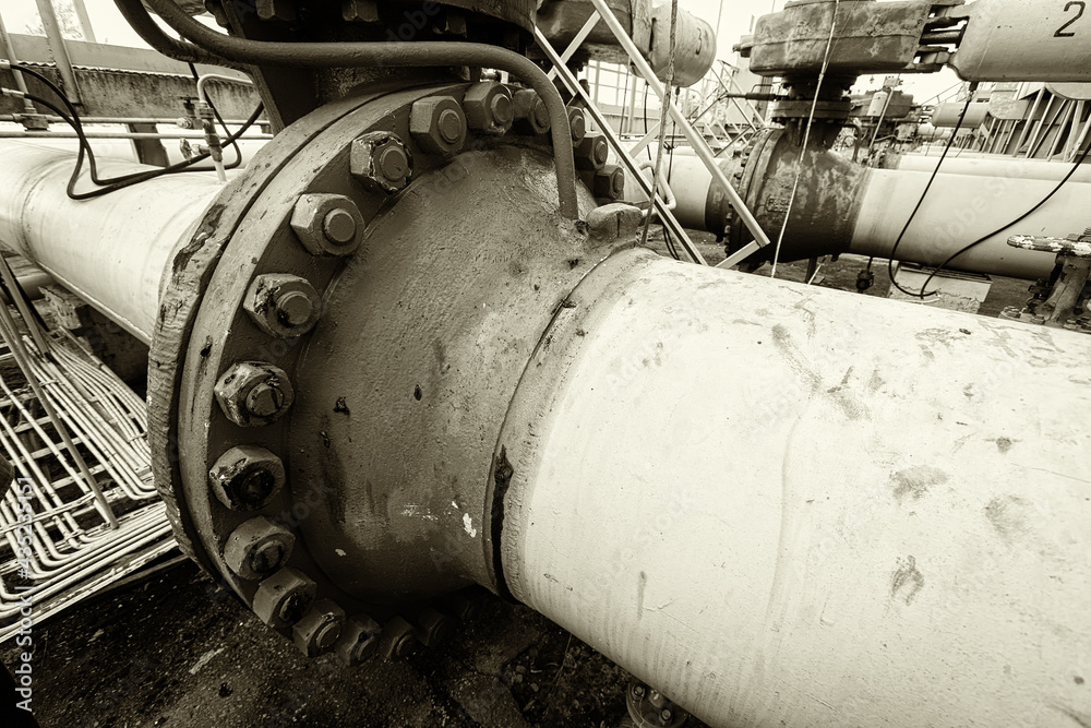 Flange bolted connection of the main gas pipeline at the compressor ...