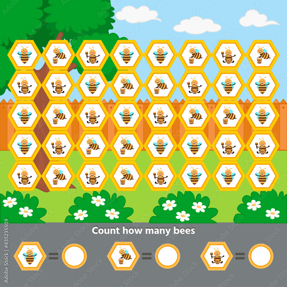 Game for kids with cute bees. Learn count. Activity Worksheet for kids ...
