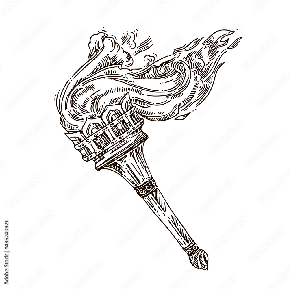 Antique torch with burning flame. Sketch. Engraving style. Vector ...