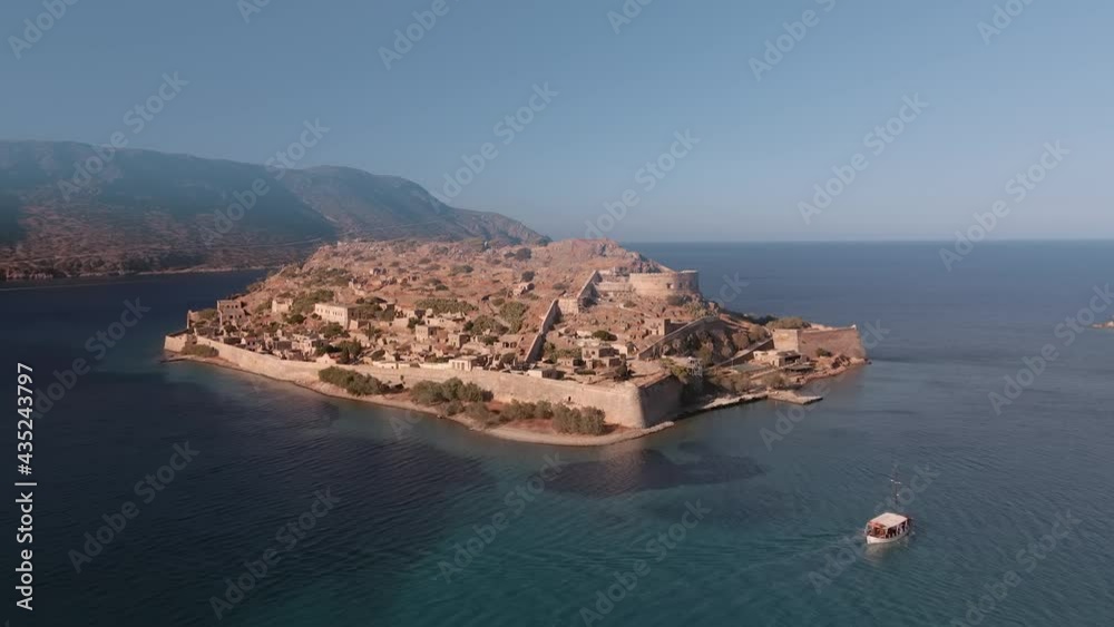 Spinalonga Greek island landscape drone shot with empty houses. Aerial ...