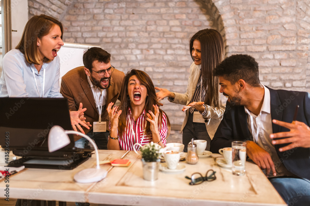 Angry emotional young people shouting on each other during solving ...
