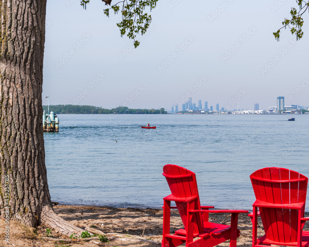 Toronto's Harbourfront and skyline seen from the beach on Ward's Island ...