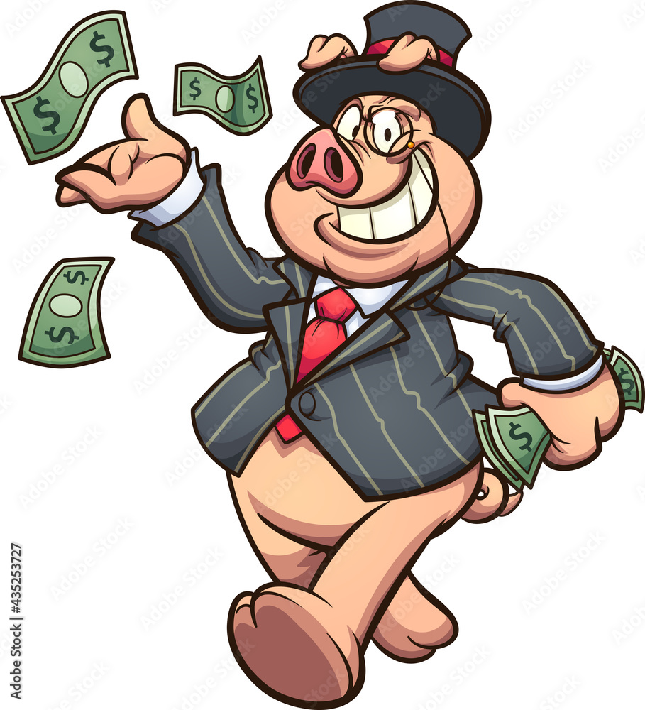 Capitalist rich pig throwing money at the air. Vector clip art ...