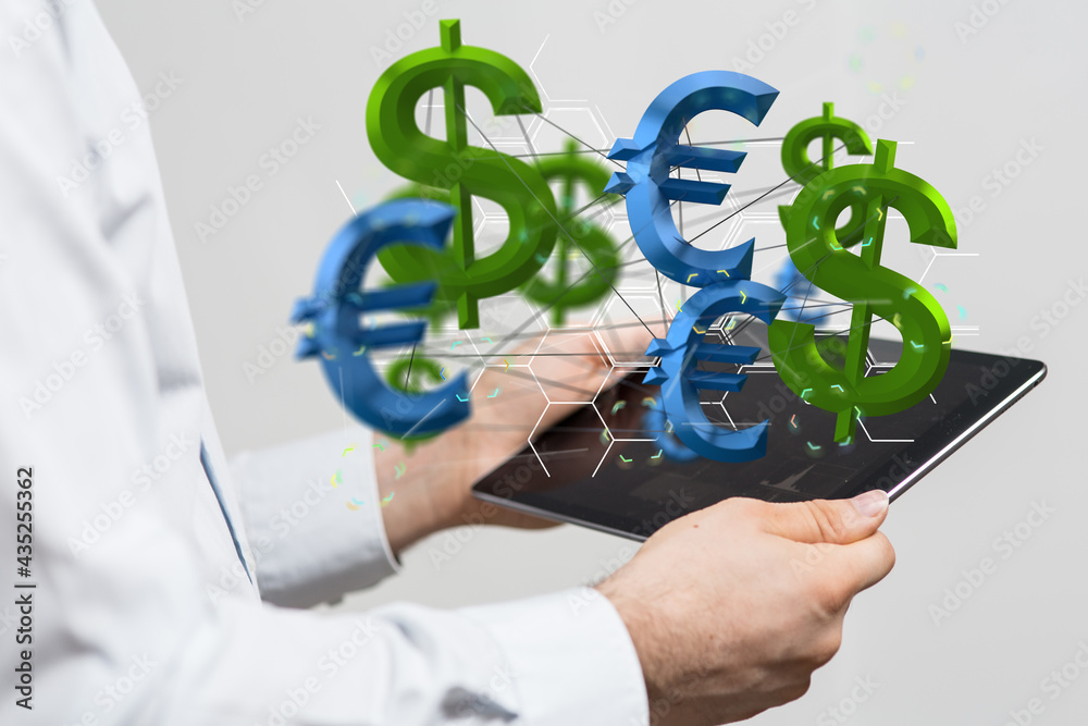 Main world currency theme dollar and euro background. Row and pile of ...