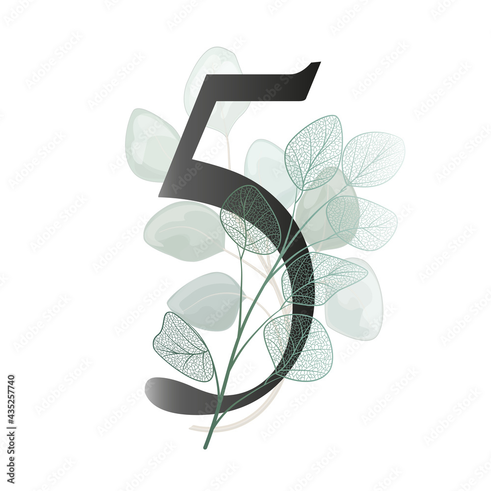 Floral Number. Set digit with leaves eucalyptus. Wedding invitations ...