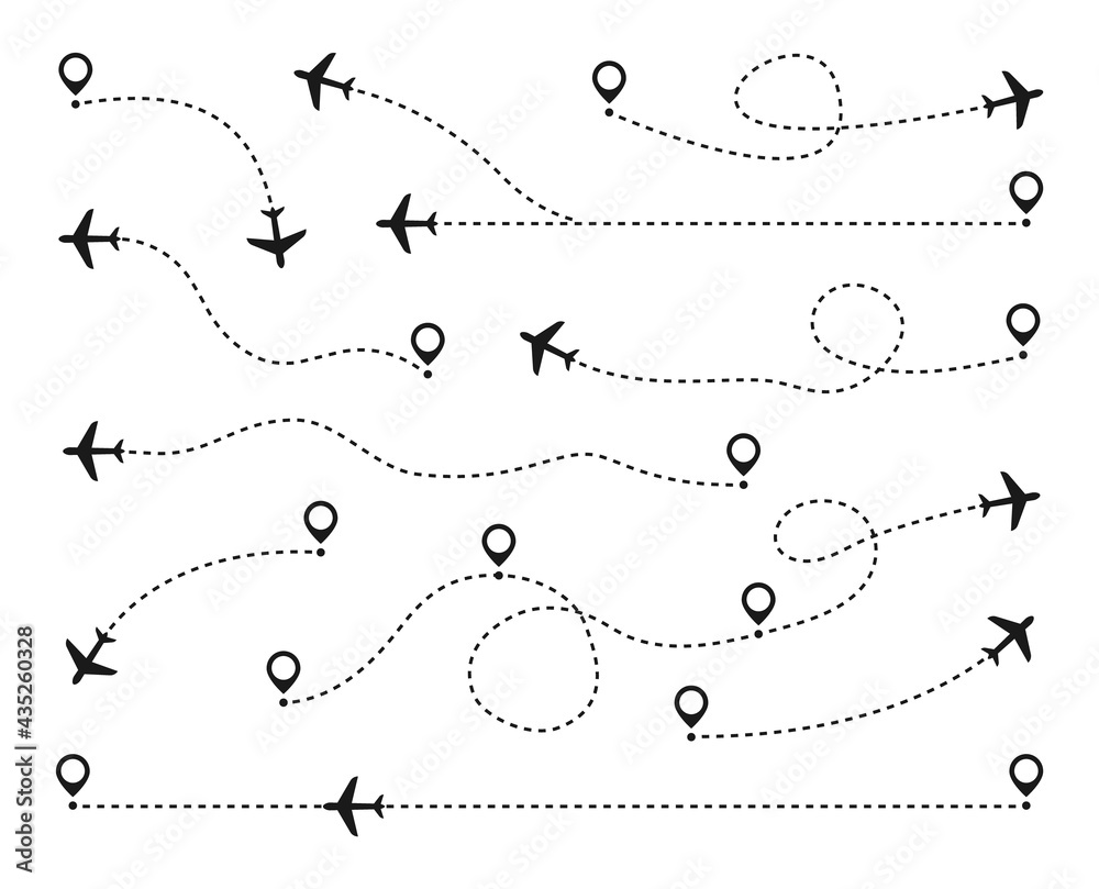 Airplane dotted path set. Aircrafts route dotted line. Route airline ...
