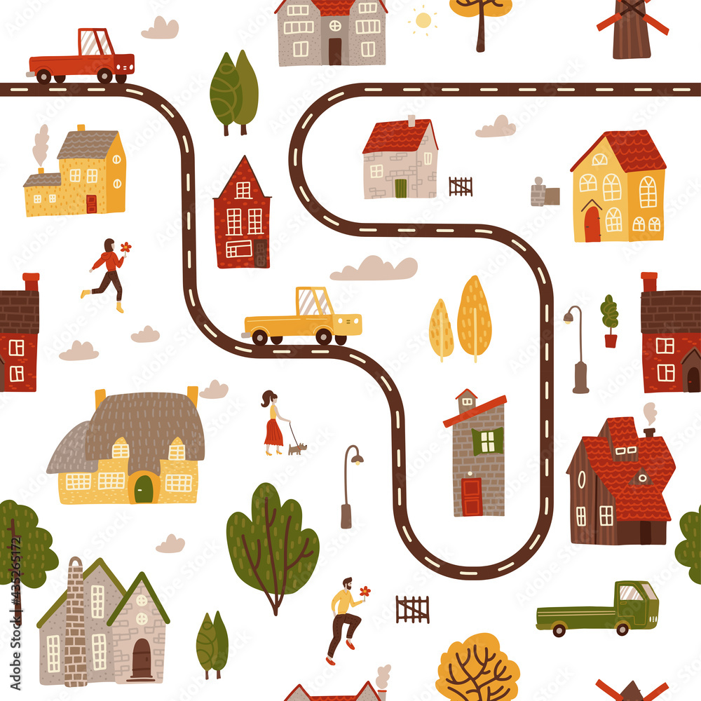Seamless pattern with simple bright houses, trees, cars and characters ...
