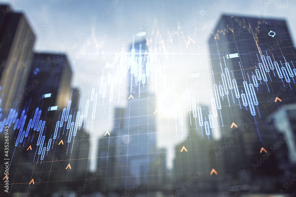 Multi exposure of abstract financial diagram with world map on office ...