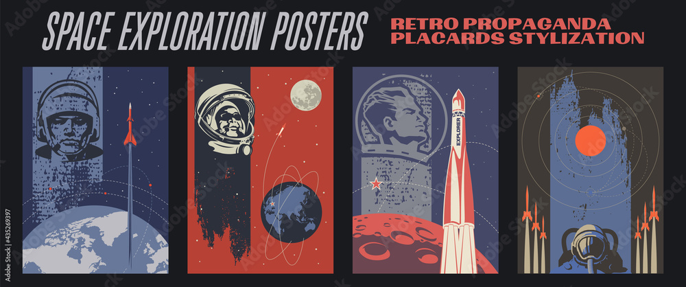 Space Exploration Posters Retro Soviet Propaganda Placards Stylization ...