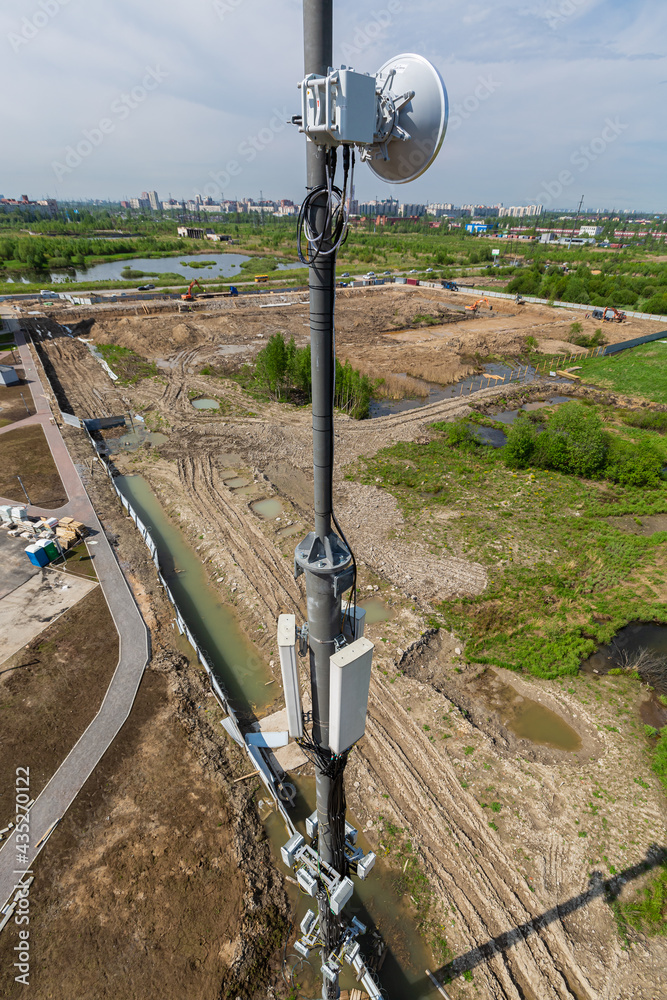 Telecommunication tower with microwave equipment 5G, radio panel ...