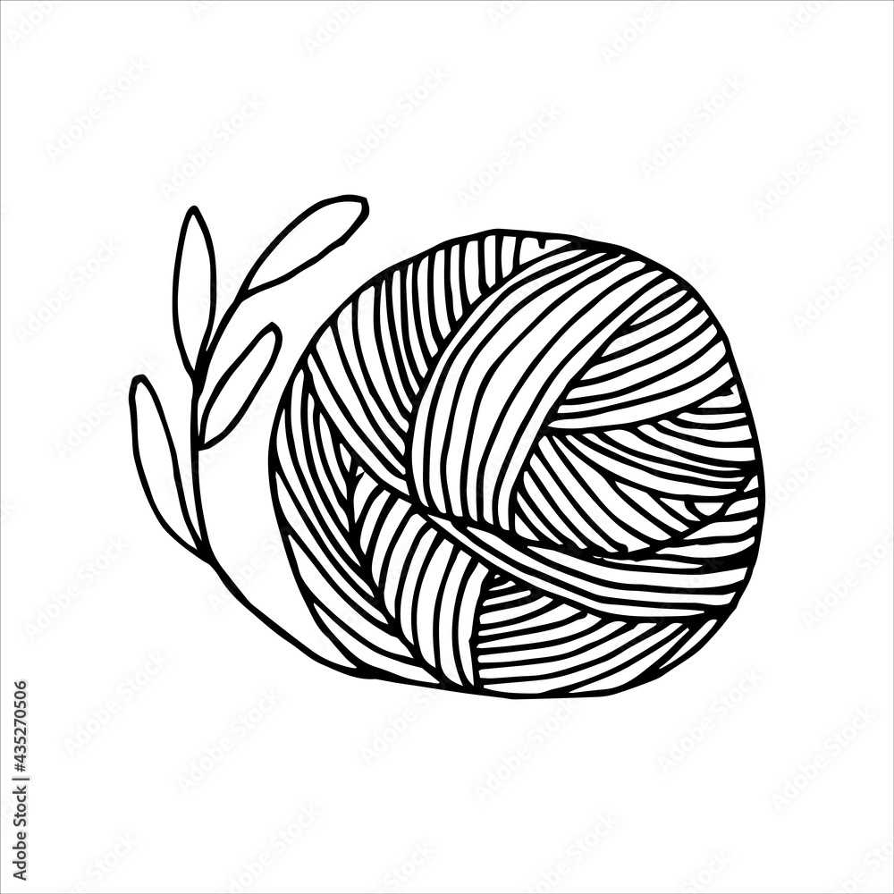 vector illustration line art. a ball of wool for knitting and plant ...