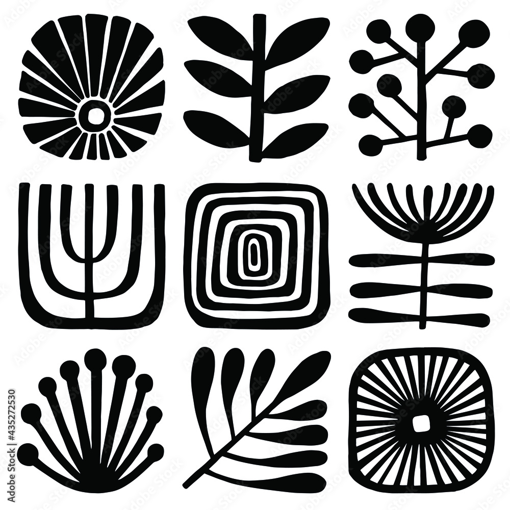 African vector symbols. Black and white floral mosaic. Naive ethnic ...