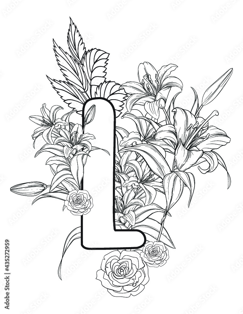 Letter L Floral Coloring Page.Alphabet Coloring Book. Stock Vector ...