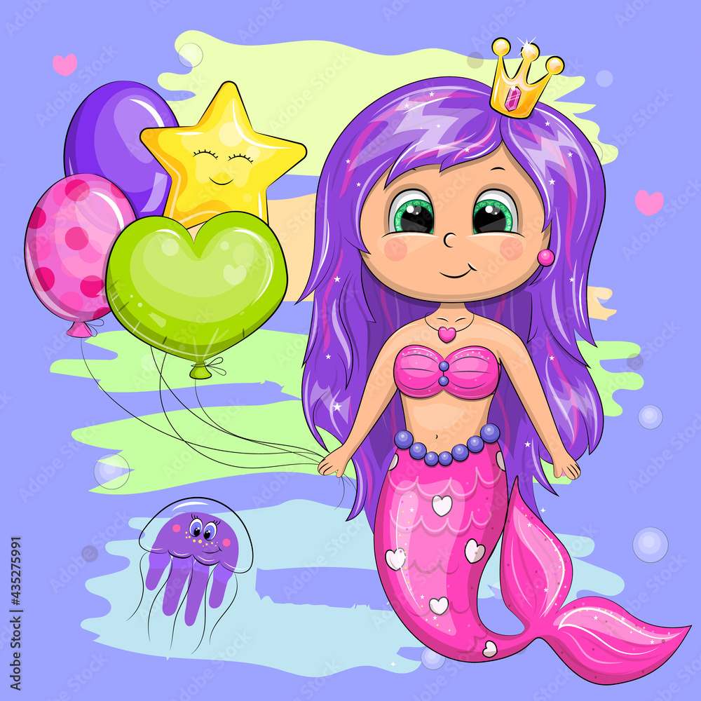 Cute cartoon mermaid with purple hair and a crown is holding balloons ...
