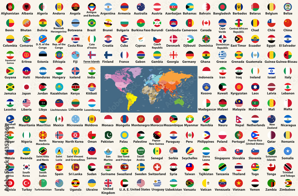 All flags of the world in circular form design, arranged in ...