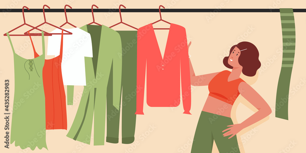 Woman trying to choose outfit clothes in morning vector illustration ...