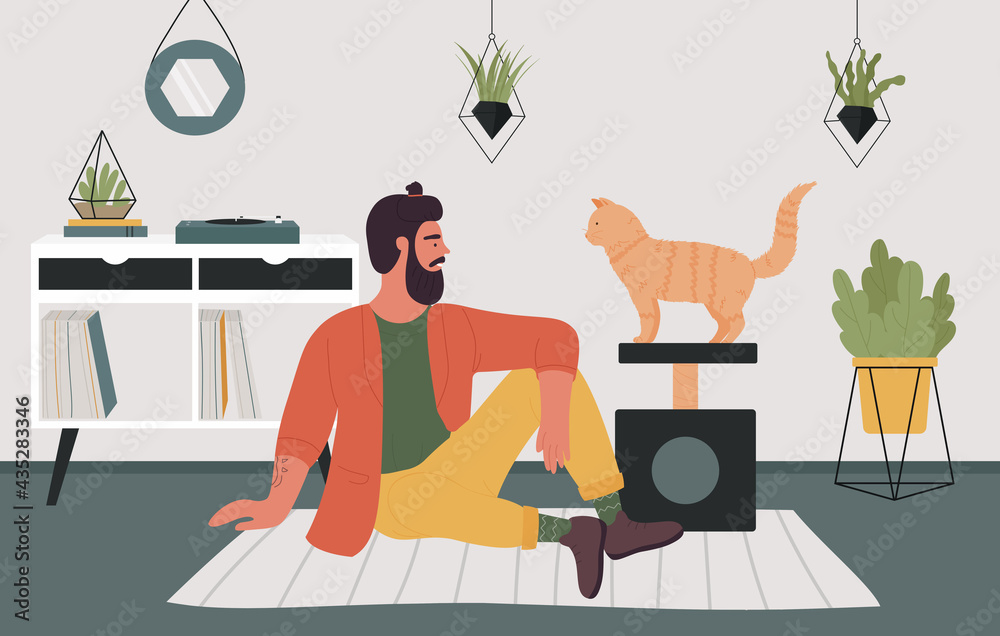 Young man and cat best friend vector illustration. Cartoon pet owner ...