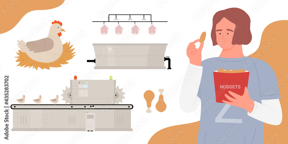 Chicken meat products vector illustration. Cartoon girl teen character ...