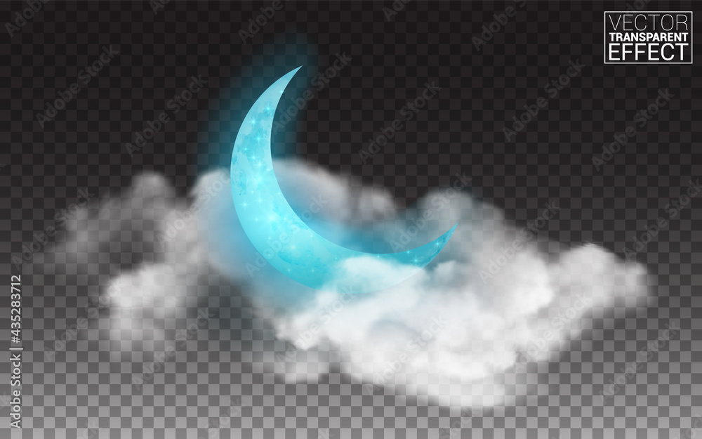 Realistic full blue moon white clouds isolated on transparent. Mystical ...