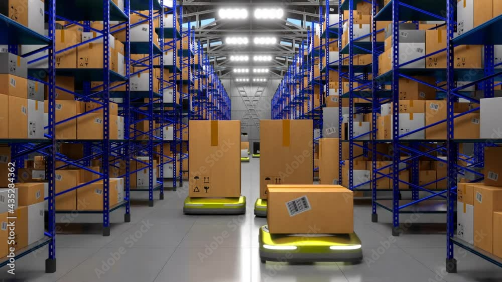 Autonomous robots transporting packages in warehouse, rack shelves ...