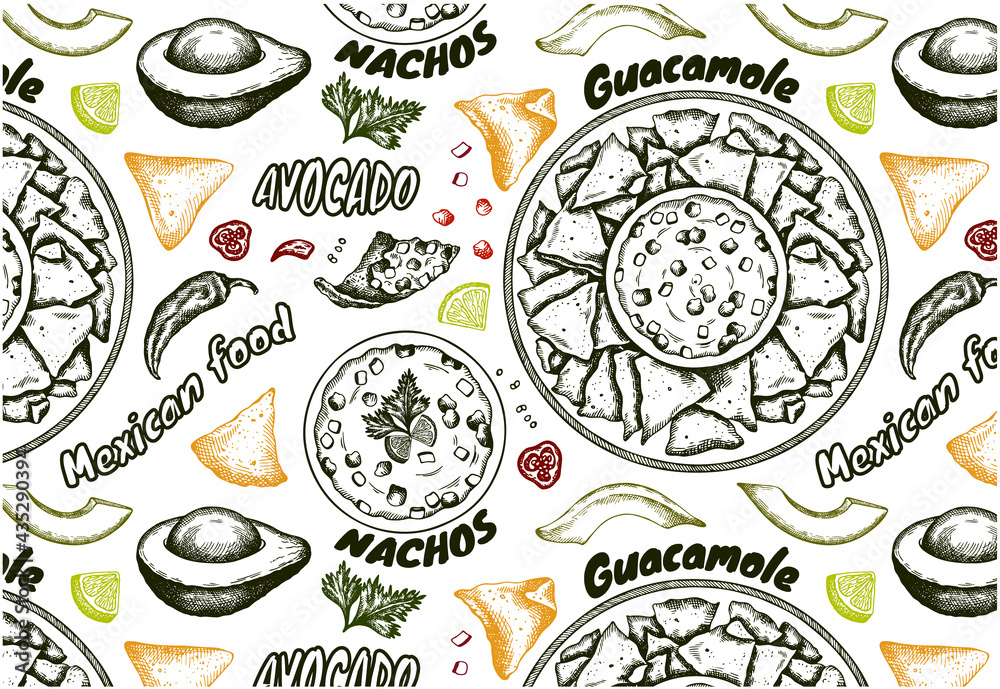 Sketch hand drawn pattern with mexican food isolated on white ...