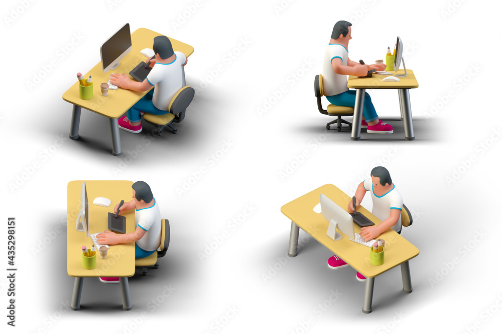 Designer Illustrator Artist sitting at Table with Desktop Computer ...