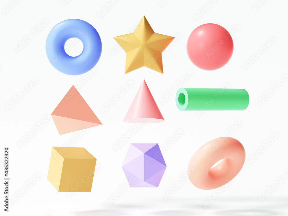 Set of colorful 3d object elements, torus, star, sphere, triangle, tube ...