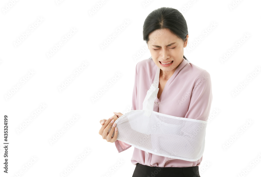 Portrait closeup isolated cut out shot of Asian female patient hurt and ...