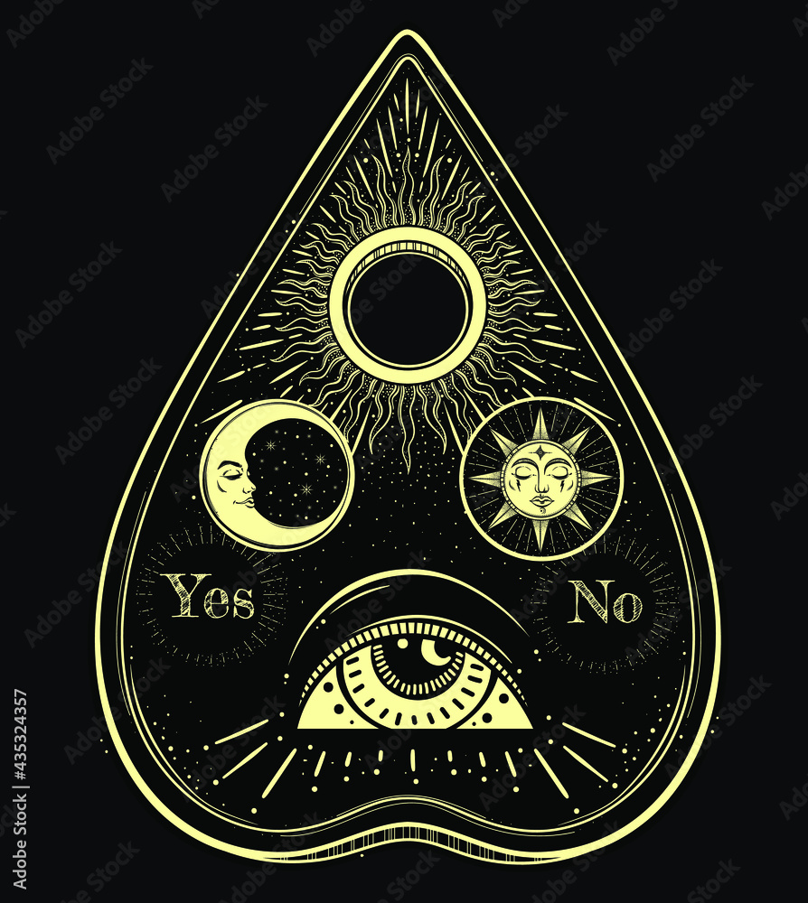 Bohemian hand drawn ouija that consists of pictures of the sun, moon ...