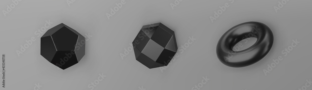 3d render black geometric shapes objects set isolated on grey ...
