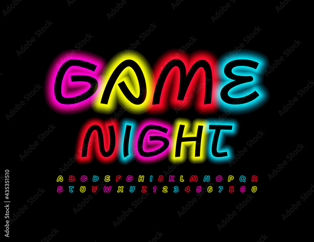 Vector neon poster Game Night. Colorful glowing Font. Bright Alphabet ...