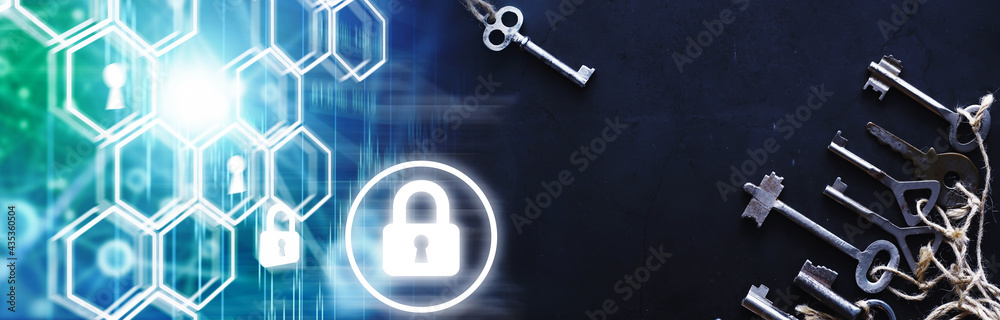 Set of vintage keys for a lock. Retro keys on a dark stone background ...