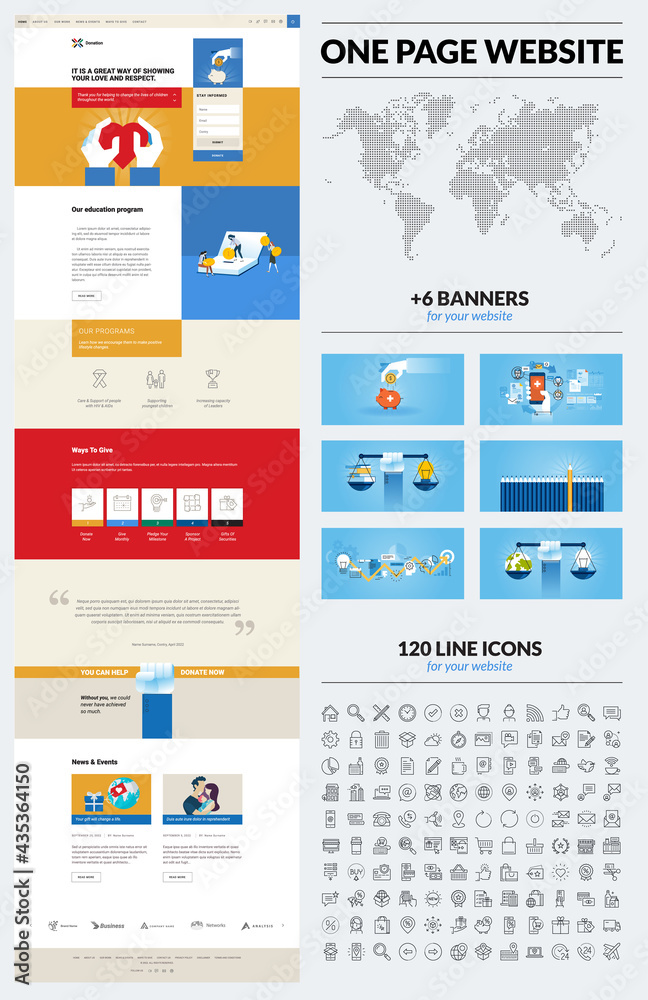 One page website design template. Set of vector illustrations and icons ...