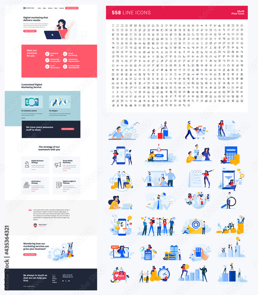One page website design template. Set of vector illustrations and icons ...
