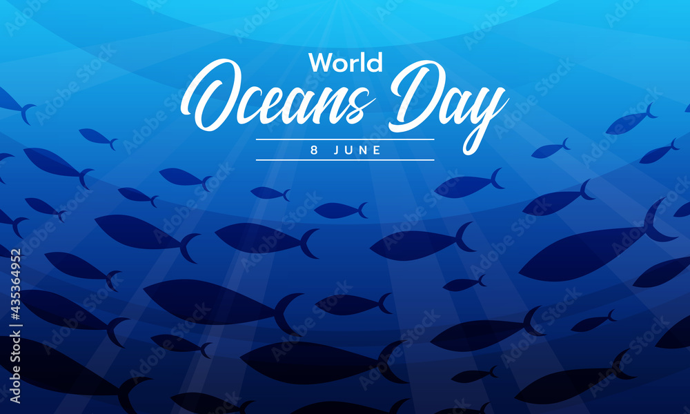 world ocean day text on a group of mackerel swimming under the ocean ...