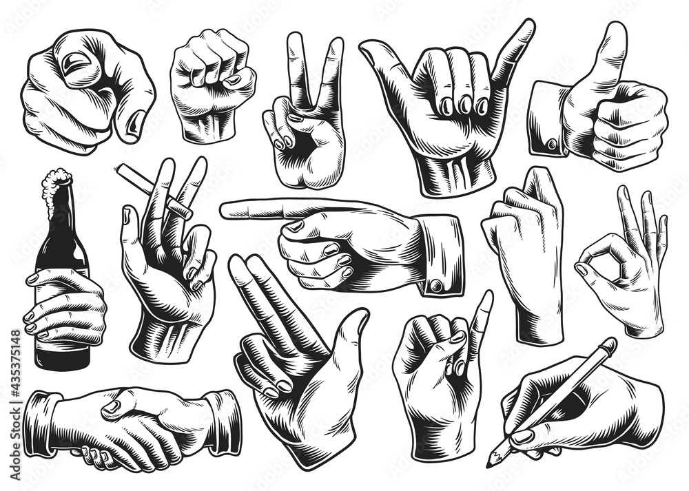 Collection of illustrated hand signs Stock Illustration | Adobe Stock