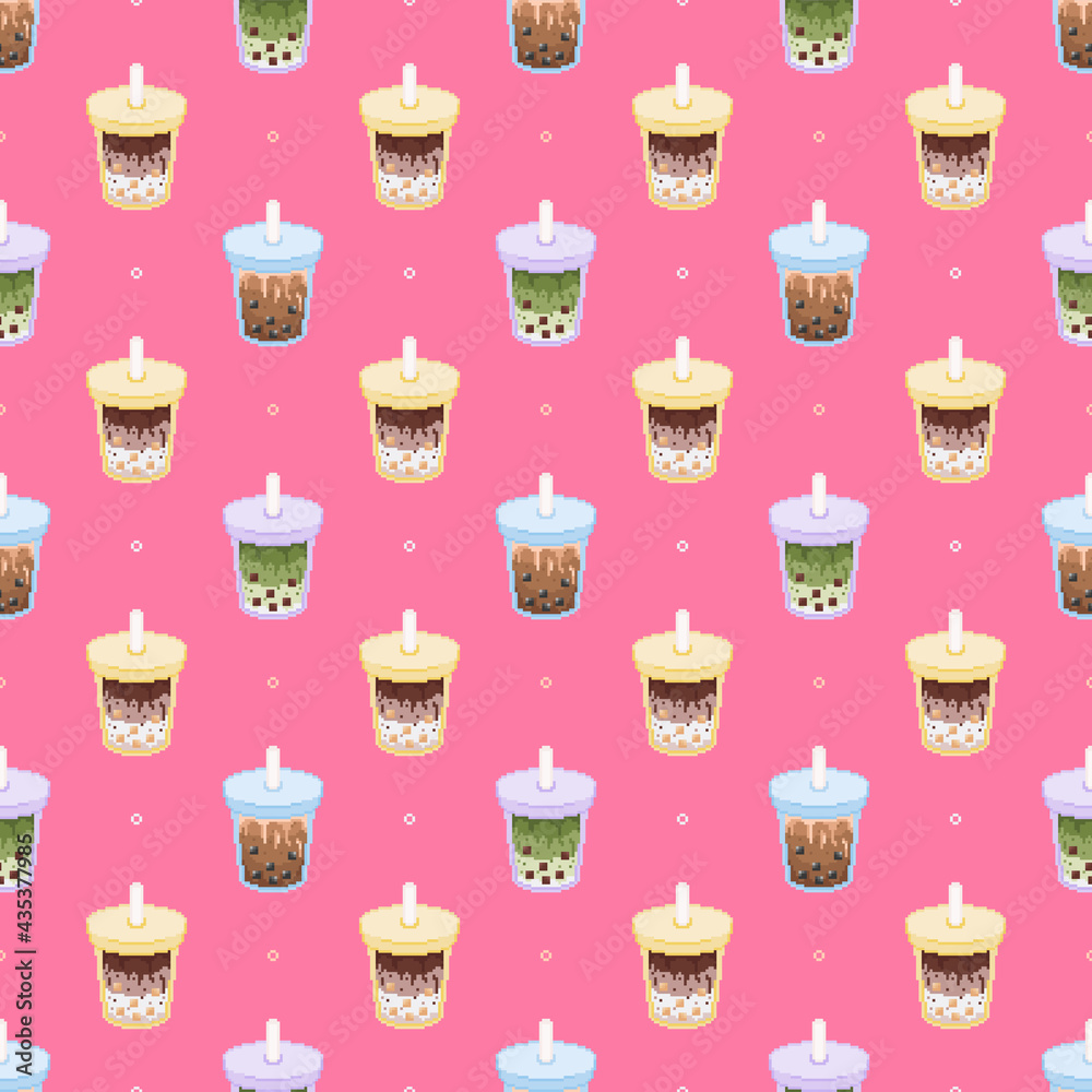 Pixel art seamless bubble milk tea pattern. Cute Pink background with ...