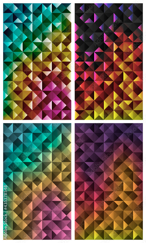 Set of vertical geometric backgrounds with gradient highlighting. The ...