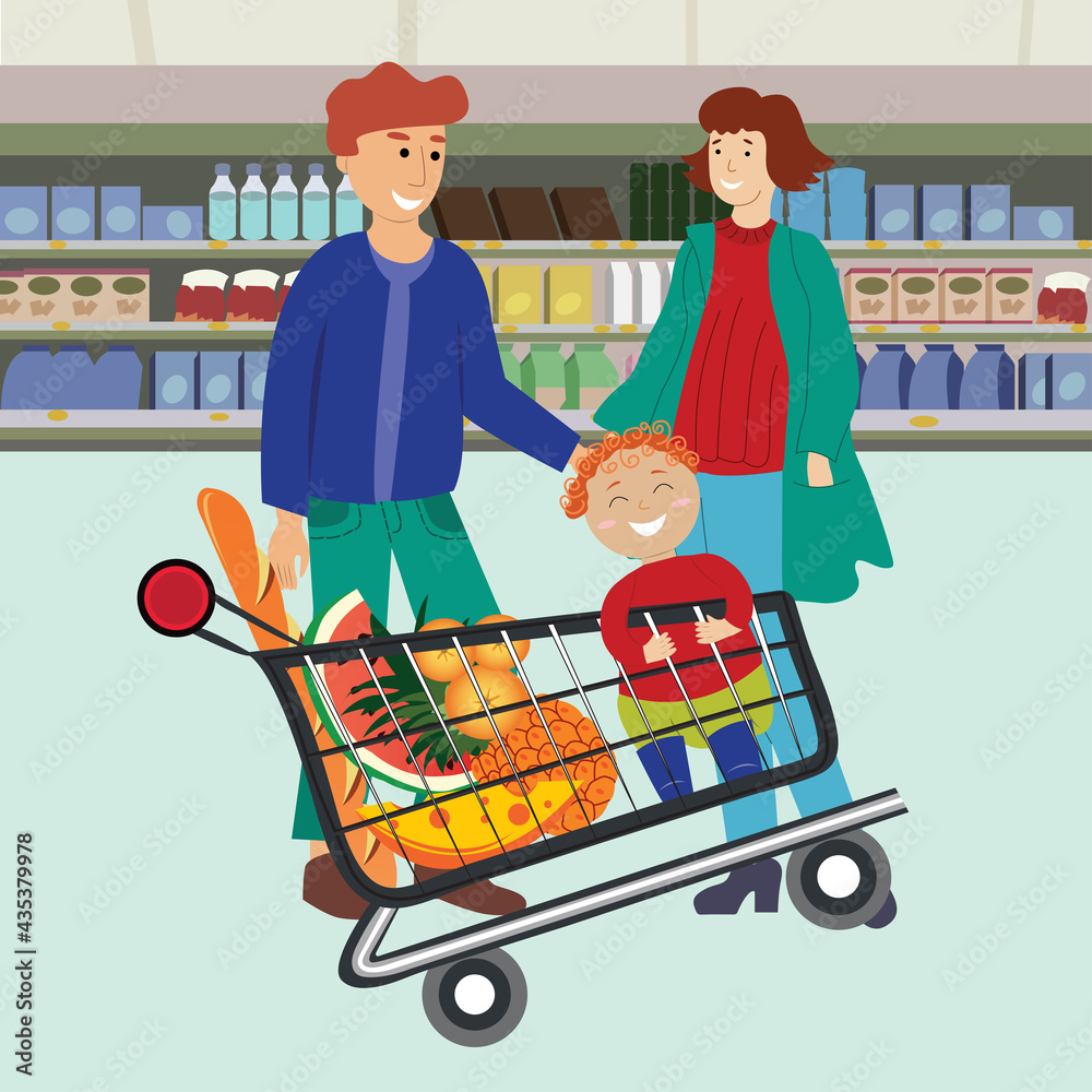 Family shopping in the supermarket. Parents with Son buying Groceries ...