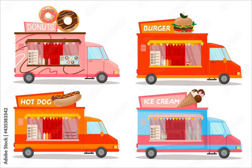 Set and different types of street food van. Car with ice cream, hot ...
