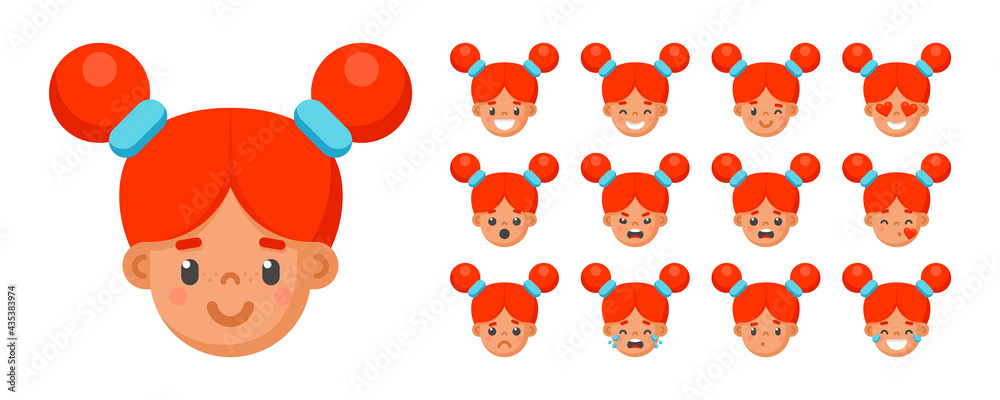 Set of cartoon cute redhead girl face emotions in a flat style. Facial ...