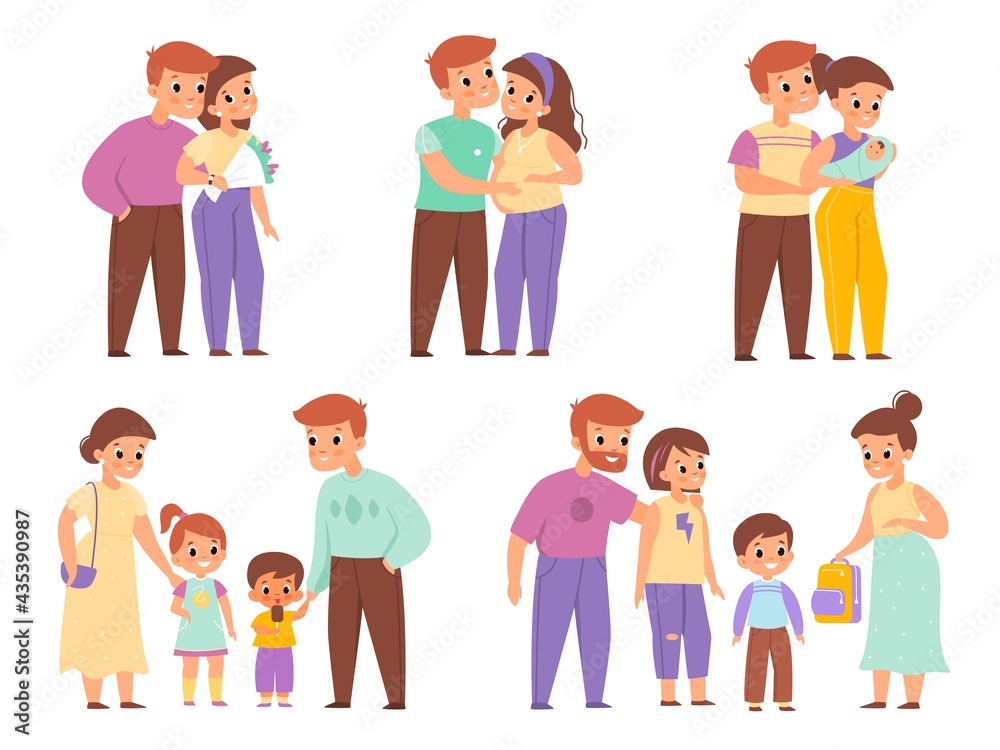 Family development stages. Happy couple life, relationship between man ...