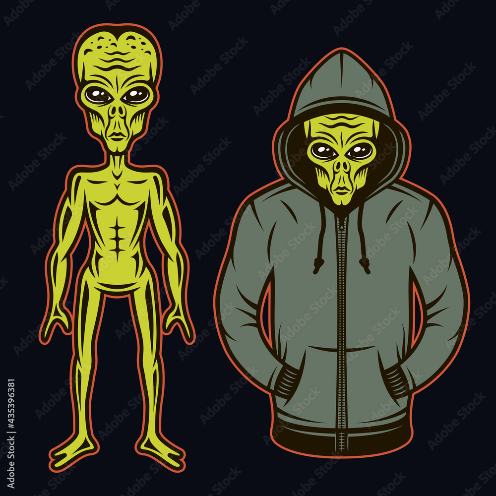 Alien in hoodie and full length body alien set of vector objects or ...