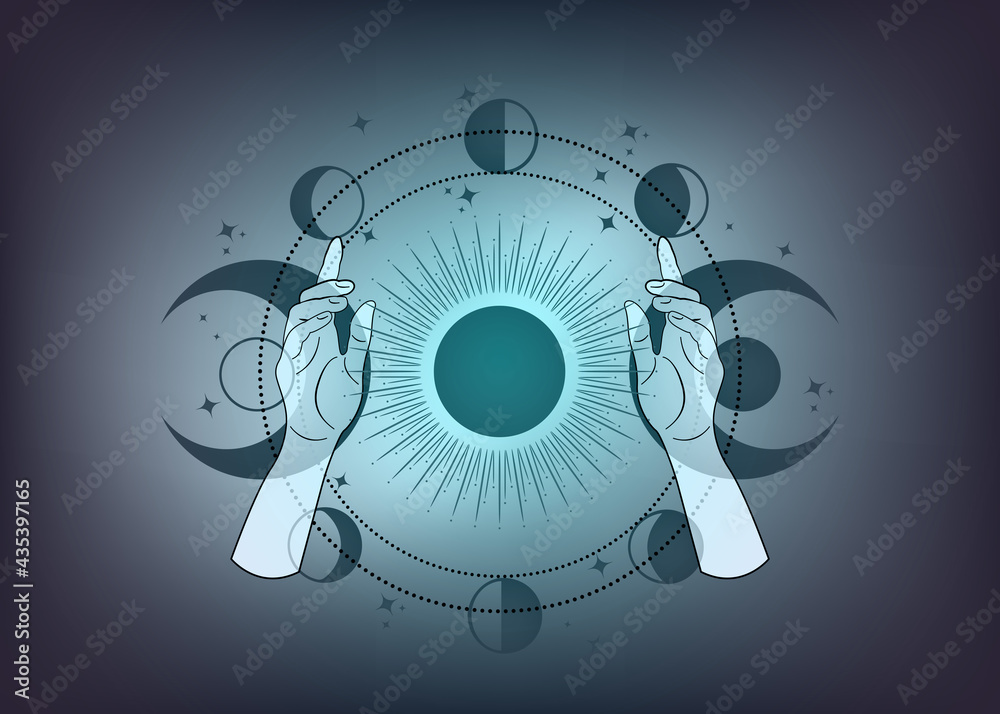 Mystical drawing woman hands hold the triple goddess, stars, Moon ...