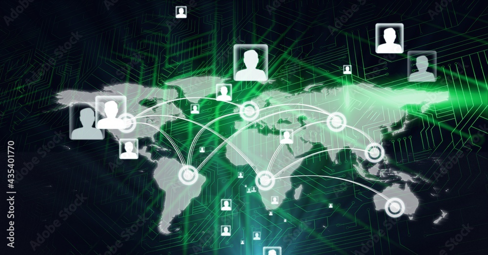 Composition of network of people connections with world map on circuit ...