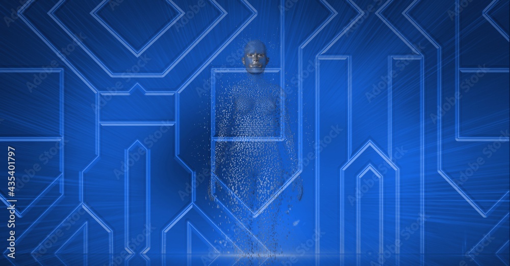 Composition of exploding human body formed with grey particles and blue ...