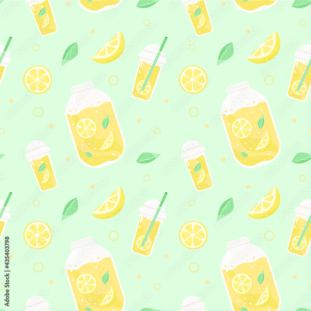 Lemonade seamless pattern with yellow lemons and mint. Whole and parts ...