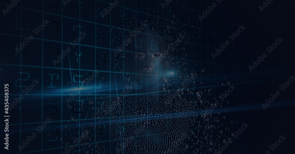 Composition of human bust formed with binary coding exploding over grid ...