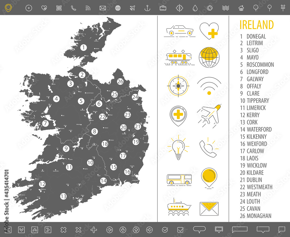 Detailed monochrome map of Ireland, gray country territory with ...