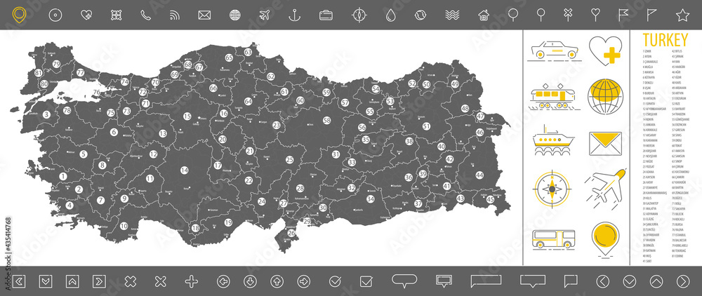 Detailed monochrome map of Turkey, gray country territory with ...